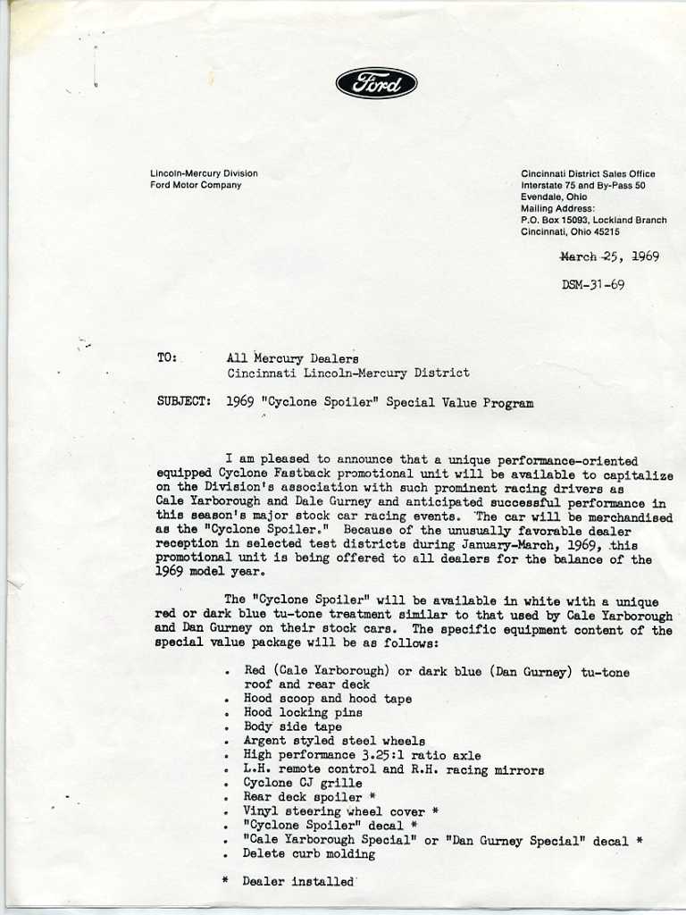 Ford Historical Documents; Jan 31, 1969 – Talladega and Spoiler Registry